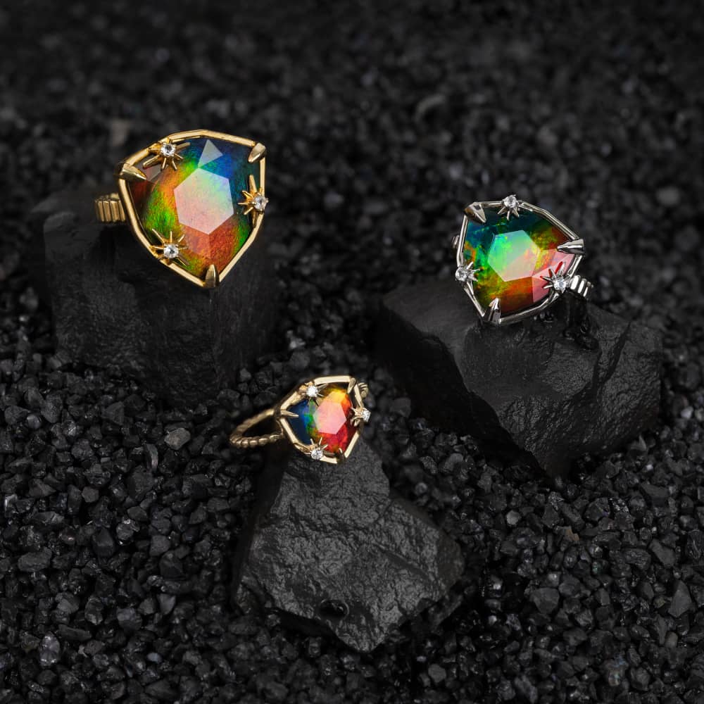 Starlight Trillion Ammolite Ring with White Diamonds in 14K Gold – KORITE